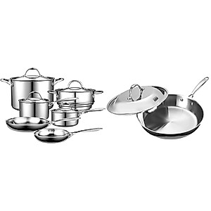 Cooks Standard Stainless Steel Kitchen Cookware Sets 10-Piece and 12-Inch Stir-Fry Pan with Dome Lid