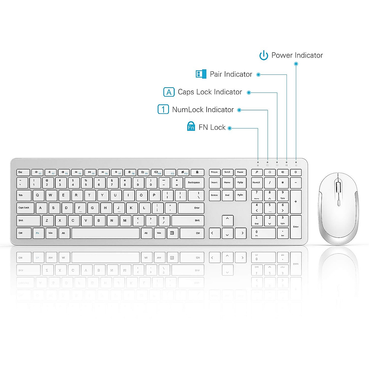 Full Size Slim Thin Wireless Keyboard and Mouse Combo with Numeric Keypad with On/Off Switch - White & Silver