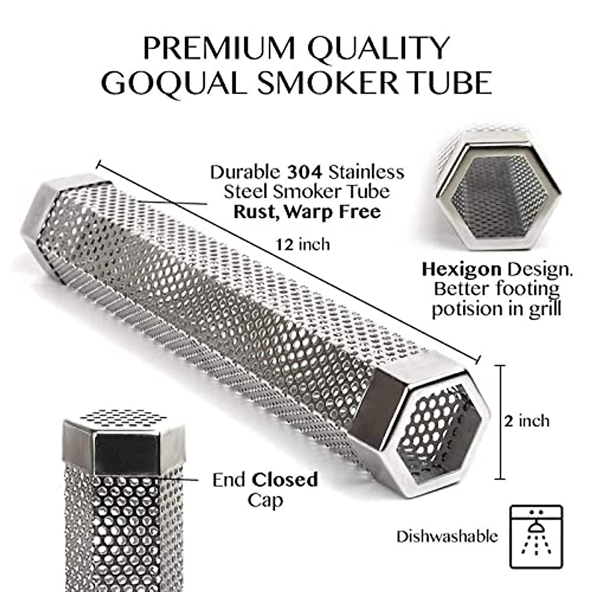 Pellet Smoker Tube-Hylfenis 12" Pellet Tube For Smoking-Hot or Cold Smoking Tube for Electric Gas Charcoal Grilling with 2 Hooks,2 Brushes,10Pack Metal Skewers-Perfect for Smoking Cheese Nuts Steaks Fish Pork Beef