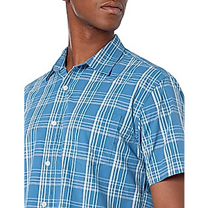 Amazon Essentials Men's Regular-Fit Short-Sleeve Poplin Shirt, Aqua Blue Checked, Large
