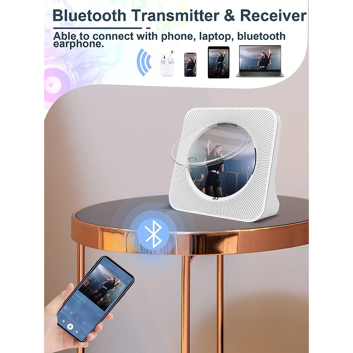 Portable CD Player - Homlab Bluetooth Desktop CD Player with Speakers, Dust Cover, FM Radio, Anti-Skip Protection, Music Player Home Audio Boombox with LCD Display, Remote, Aux Input