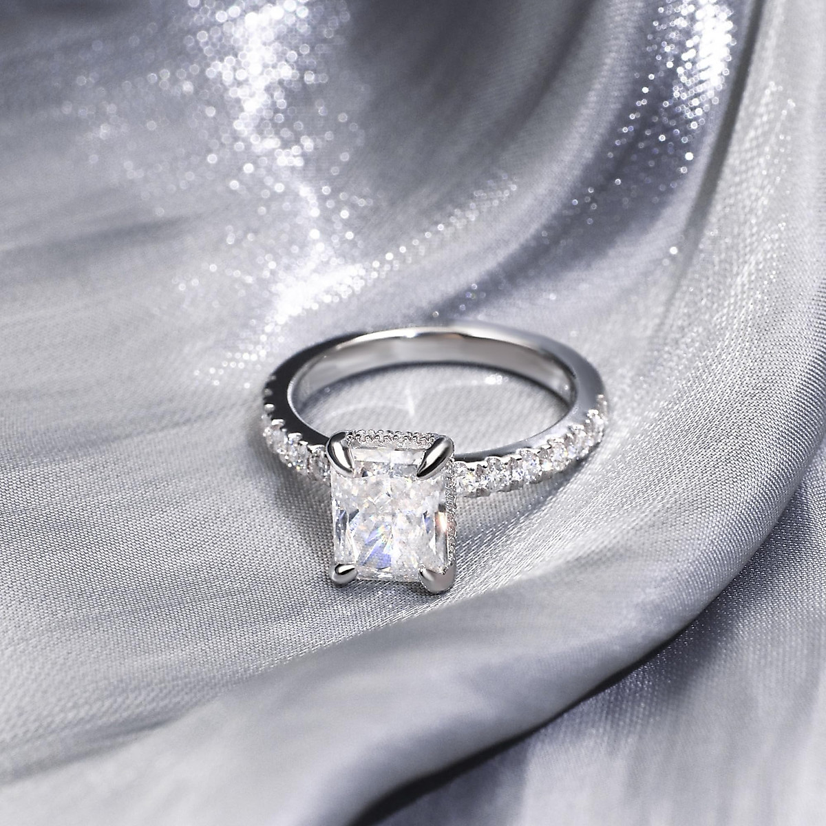 TIANYU GEMS 3.0ct Engagement Rings for Women, Sterling Silver GHI VVS Square Radiant Cut Moissanite Engagement Rings for Proposal Wedding Party Dress Costume Memorial Day (7, Silver)