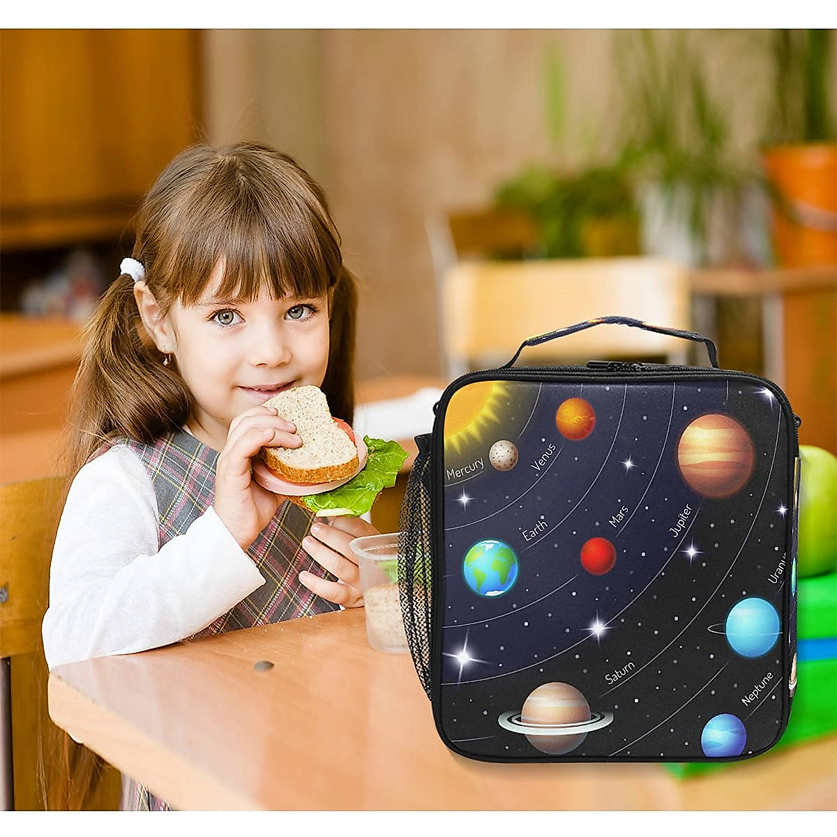 AUUXVA Kids Lunch Box, Planets Color, Unisex, 10.5x3.5x9.5 Inch, Oxford Material and Aluminum Film, Spacious, Lightweight, Adjustable Shoulder Straps, Heat Insulation