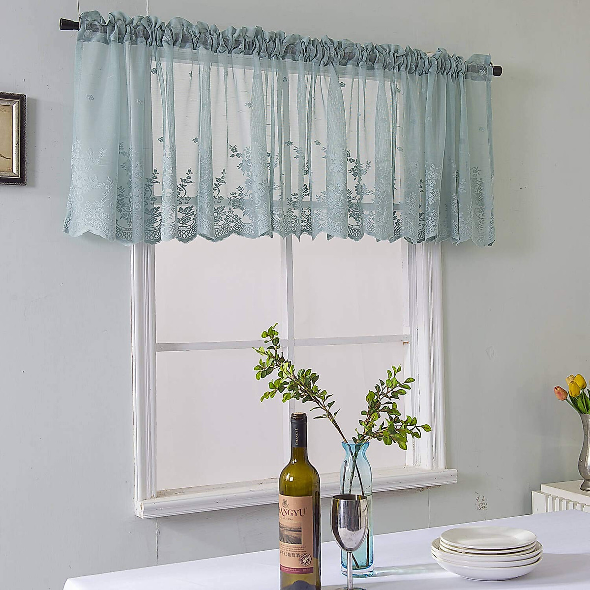 Molaxhome Kitchen Window Valance Lace Curtains, 102x16inch Floral Sheer Rod Pocket Curtain Valance for Dinning Bath Room(2pcs Blue 51x16)