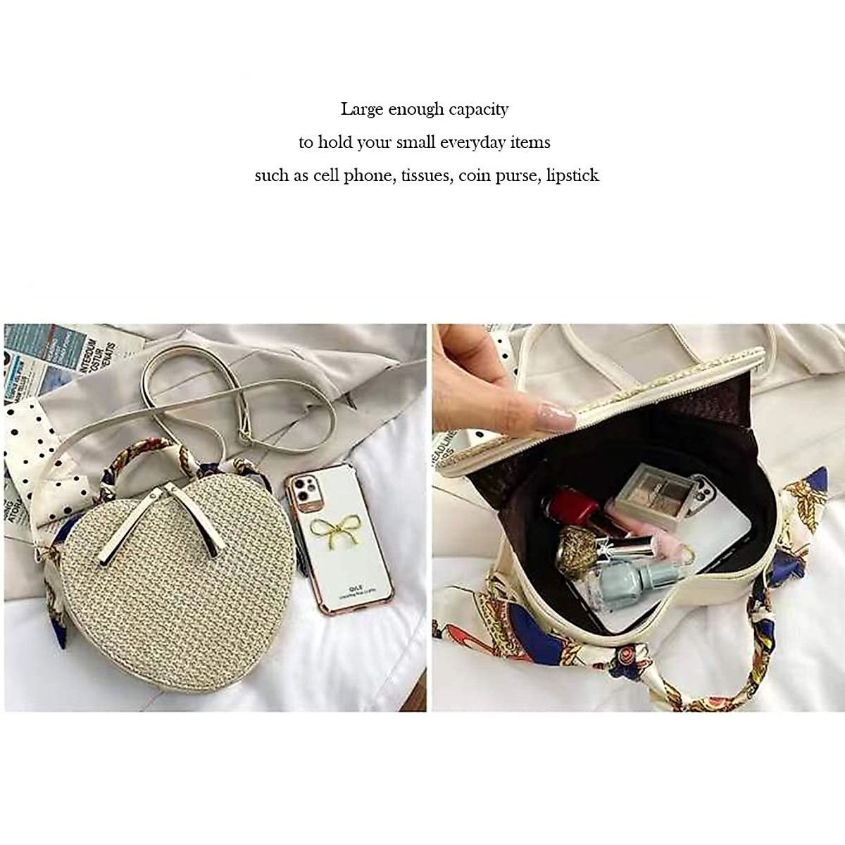 Dajingkj Fashion Ribbon Beach Bag Heart Shaped Purse Handheld Straw Bag Shoulder messenger bag for Women (creamy-white)