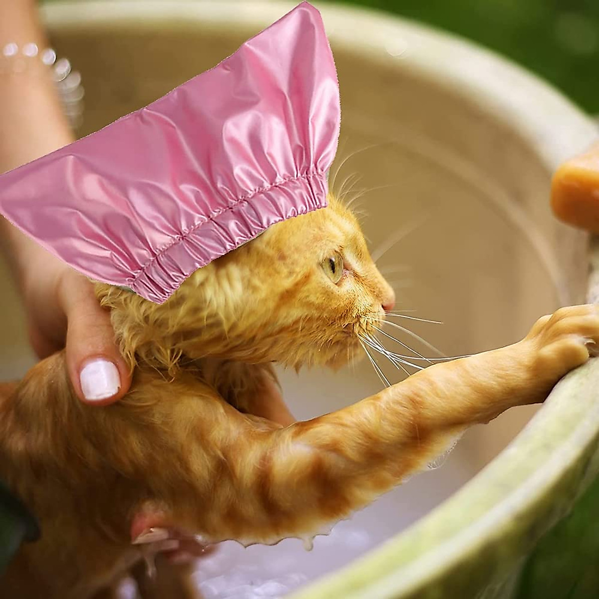 Pet Shower Cap - Waterproof Reusable Bath Ear Covers with Adjustable Strap Prevent Water in Ears Elastic Headgear for Cat Dog Kitten Puppy (S (10.2''-13.4''), Pink)