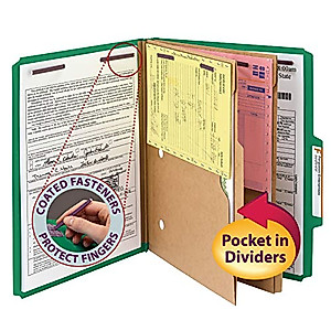 Smead Pressboard Classification File Folder with SafeSHIELD Fasteners, 2 Pocket Dividers, 2" Expansion, Letter Size, Green, 10 per Box (14083)
