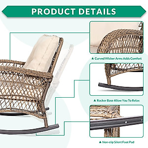 VIVIJASON Outdoor Wicker Rocking Chair, Patio Rattan Rocker Chair with Cushions & Steel Frame, All-Weather Rocking Lawn Wicker Furniture for Garden Backyard Porch (Beige)