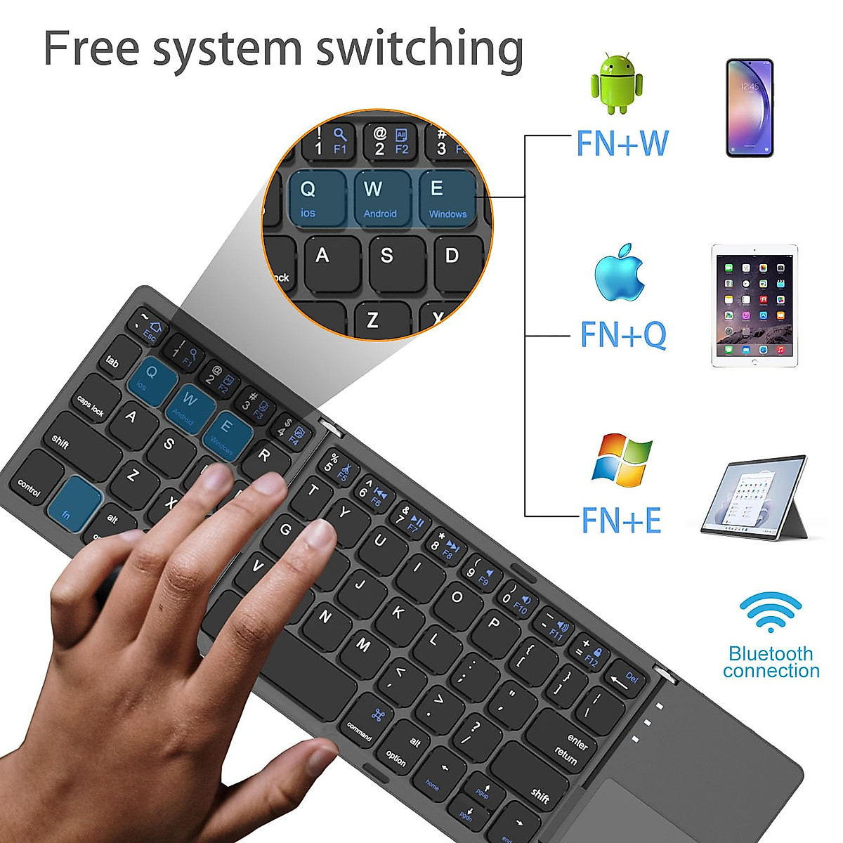 Gimibox Foldable Bluetooth Keyboard, Pocket Size Portable Mini BT Wireless Keyboard with Touchpad for Android, Windows, PC, Tablet, with Rechargeable Li-ion Battery-Dark Gray
