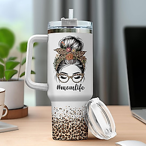 99WHALE Mom Bruh Messy Bun Leopard, Tumbler 40 Oz With Handle Lid And Straw, Mom Gifts, Mommy Straws Cup Mothers Life To Women Momma Funny Be For Handle Daisy Insulated Modern Coffee