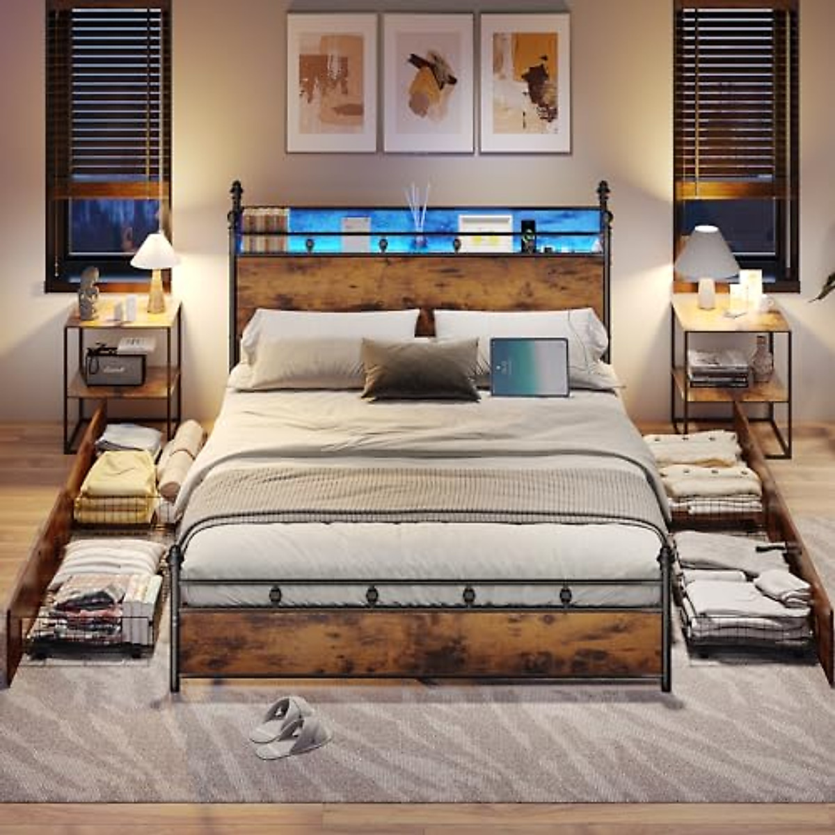 FORABAMB Queen Bed Frame with 4 Drawers, LED Bed Frame Queen Size with Headboard and Charging Station, Metal Platform Bed with Storage, No Box Spring Needed, Easy Assembly, Rustic Brown