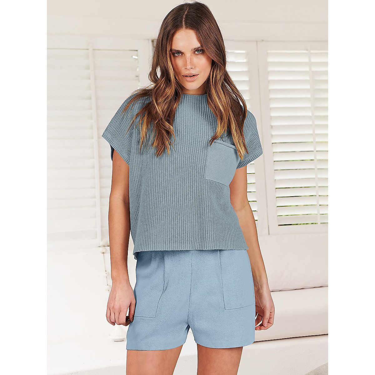 ANRABESS Women's Two Piece Summer Outfits Knit Sweater Short Sets Pullover Tops & Shorts Lounge Matching Clothes Set Sky X-Large