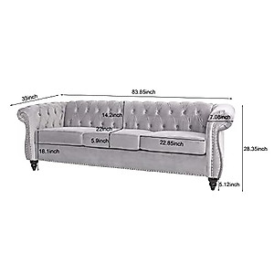 ONCIN Velvet Chesterfield Sofa, 84'' Modern Tufted 3 Seater Couch with Scroll Arms and Wood Legs for Living Room Bedroom (Gray), Grey Velvet, 84 In Chesterfield Sofa