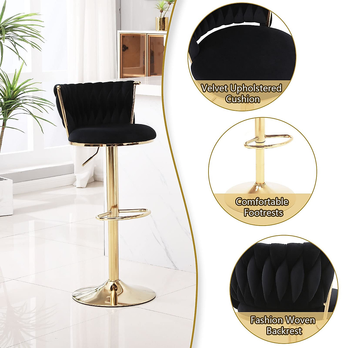 ODUWA Velvet Barstool Set of 4,Woven 360° Swivel Counter Height Bar Stools with Gold Metal Legs,Modern Adjustable Dining Kitchen Pub Accent Chair with Back and Footrest Counter Height Dining Chairs