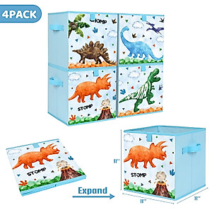 WERNNSAI Cube Storage Bins - 4 Pack Fabric Foldable Storage Cube Organizer for Kids Decorative Storage Baskets with Handles 11" x 11" Home Closet Nursery Room Bedroom (Dinosaur)