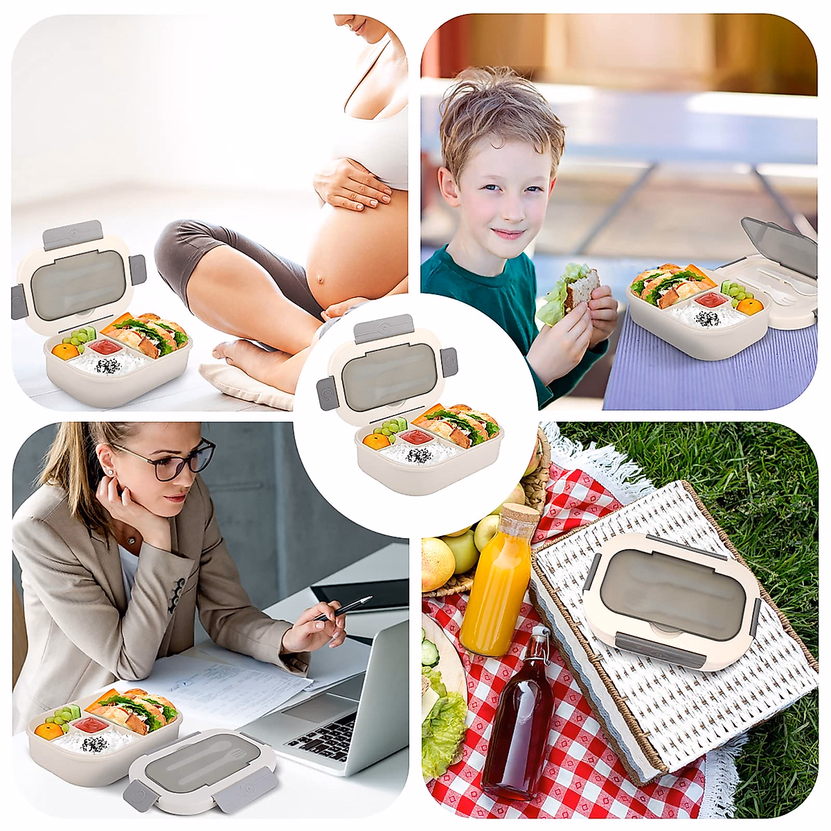 Vensp Bento Box Kid,1.3L Bento Box Adult Lunch Box,Lunch Box Containers for Kid/Adult/Toddler,Bento Boxes with 4 Compartments&Utensiles,Leak Proof,Microwave/Dishwasher/Freezer Safe(White)