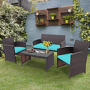 DORTALA 4 Pieces Wicker Patio Furniture Set, Outdoor PE Rattan Conversation Set with Chairs, Loveseat, Coffee Table, Cushions for Poolside, Turquoise