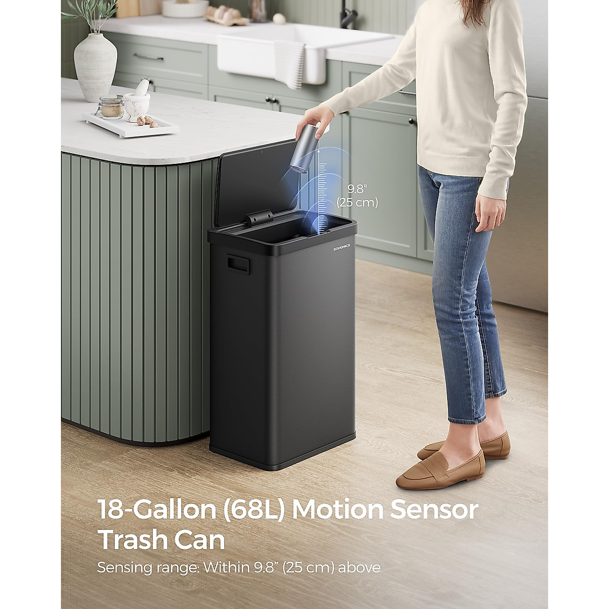 SONGMICS Motion Sensor Trash Can, 18-Gallon (68L) Automatic Kitchen Garbage Can with Stay-Open Lid, Soft Close, Stainless Steel, 15 Trash Bags Included, Ink Black ULTB630B68