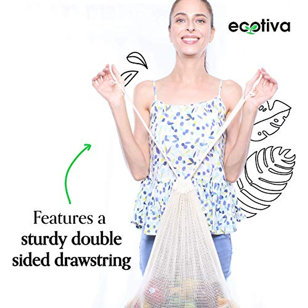 ecotiva Organic Reusable Produce Bags - Cotton Produce Bags - Cotton Mesh Produce Bags - Mesh Produce Bags Grocery Reusable - Mesh Bags For Produce