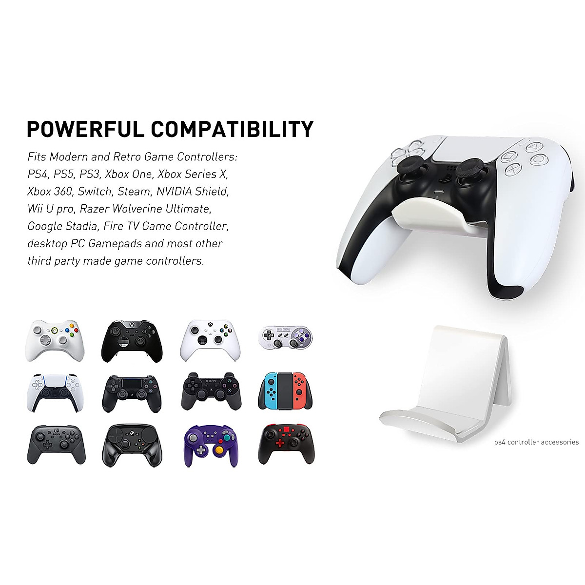 OAPRIRE Universal Controller Stand Holder 2 Pack for XBOX ONE PS4 PS5 SWITCH, Controller Wall Mount Gaming Accessories with Cable Clips&Anti-Slip Pads (White)