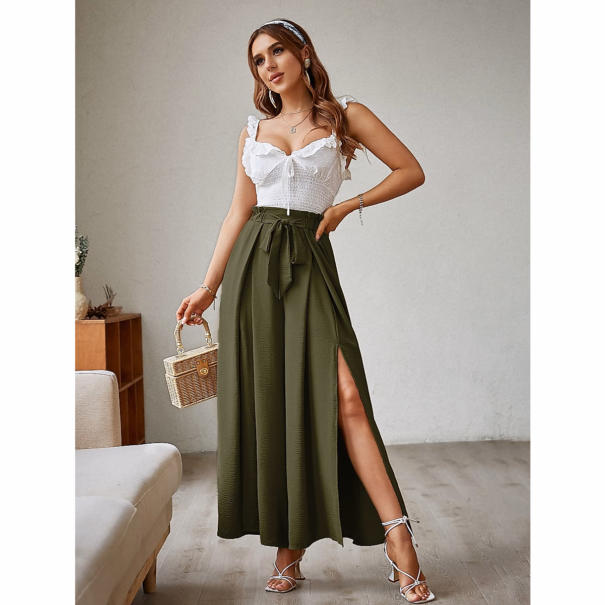 Simplee Women's Pants Printed Palazzo Lounge Wide Leg Casual Flowy Pants with Pockets（XL Olive Green）