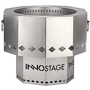 INNO STAGE Stainless Fire Pit with Portable Carrying Storage Bag, Patented Smoke-Free Firepit Bowl for Wood Pellet with Stand for Outdoor Campfire Flame or Bonfire BBQ on Patio Garden Backyard - M