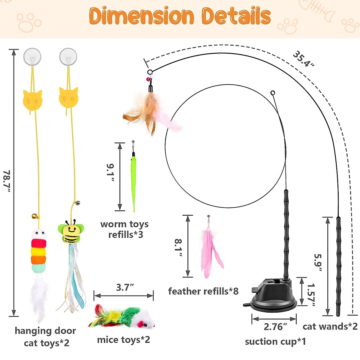Depets Cat Wand Toy, 15 Pcs Interactive Cat Feather Toys, Cat Teaser Toy for Indoor Cats Self Play, 2 Play Modes Cat Toys Wand, Reusable Suction Cup Cat Toys for Indoor Cats Kittens Play Exercise