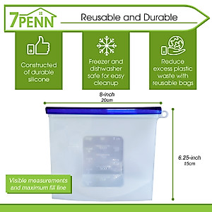 7Penn Silicone Food Storage Bag, 1000mL - 2pk Washable 8 x 6.25in Blue Reusable Food Bags for Sandwiches and Snacks