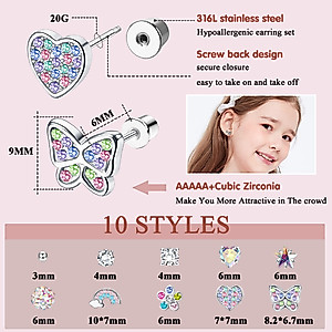 YADOCA 10 Pairs Hypoallergenic Screwback Earrings for Women girls age over 3 years old 316L Stainless Steel CZ Heart Screw Back Earring Multicolored Flower Butterfly Stud Earrings Set
