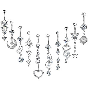 NEWITIN 10 Pieces 14G Belly Button Rings Dangle 316L Surgical Steel Navel Rings Cubic Zirconia Belly Piercing Jewelry Belly Dangle Rings for Women