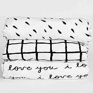 NODNAL CO. 3 Fitted Crib Sheets Black/White Set for Baby Toddler Mattress - 100% Oeko-TEX Cotton Gender Neutral for Girl/Boy Nursery Bedding - I Love You, Plaid & Abstract Polka Dots 28”x52”x9” Sheet