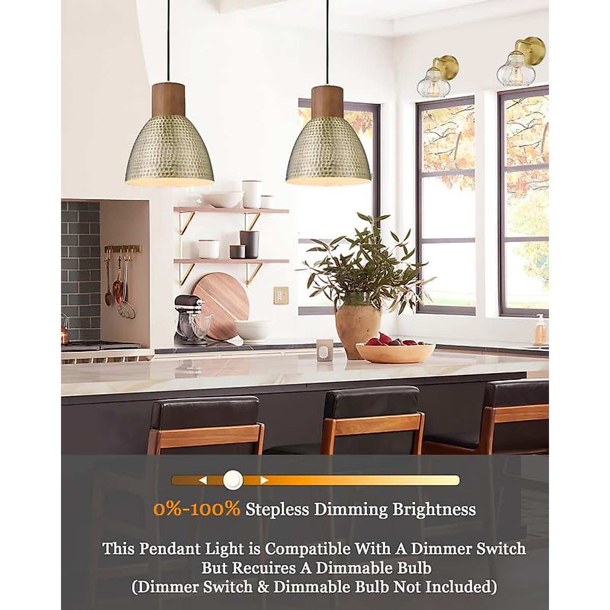 ELYONA Vintage Hammered Pendant Light Fixtures, 10.2” Industrial Metal Hanging Bar Lamp, Solid Wood Antique Gold Adjustable Pendant Light for Kitchen Island, Farmhouse, Dining Room, Brushed Brass