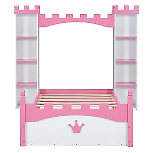 VilroCaz Castle-Shaped Wooden Platform Bed with Storage Shelf, Dreamy Twin Size Kids Platform Bed for Girls Boys Bedroom, Sturdy Slats Support (White+Pink Castle)