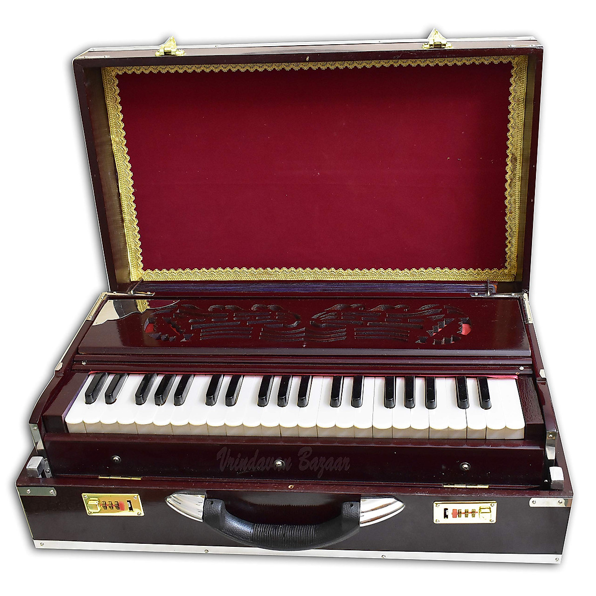 VRINDAVANBAZAAR.COM Deluxe Portable Harmonium, Dark Mahogany, 2 Reeds, 3.5 octaves