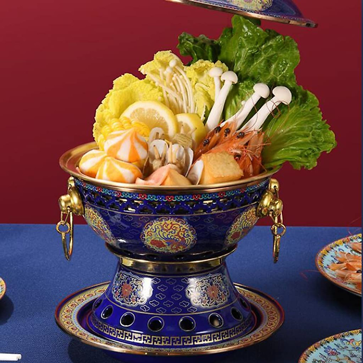 Chafing Dishes Single Person Small Hot Pot Cloisonne Copper Hot Pot, Commercial Household Cooking Pot, Anti Scalding Handle (Color : blue, Size : 20.5 * 25cm)