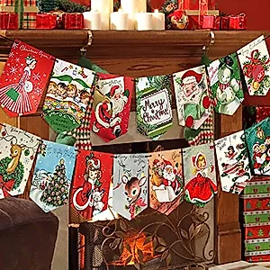 Merry Christmas Banner Decoration - Vintage Christmas Traditional Bunting Christmas Banner Pull Flag for Home Party Fireplace Christmas Holiday New Year Party Supplies