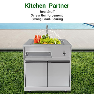 Portable Stainless Steel Sink Station, 32 Inch Single Bowl Kitchen Sink Cabinet, Freestanding Commercial Restaurant Bar Sink with Faucet, Mobile Sink with Hose Hook Up, Bottle Opener and Storage Tray