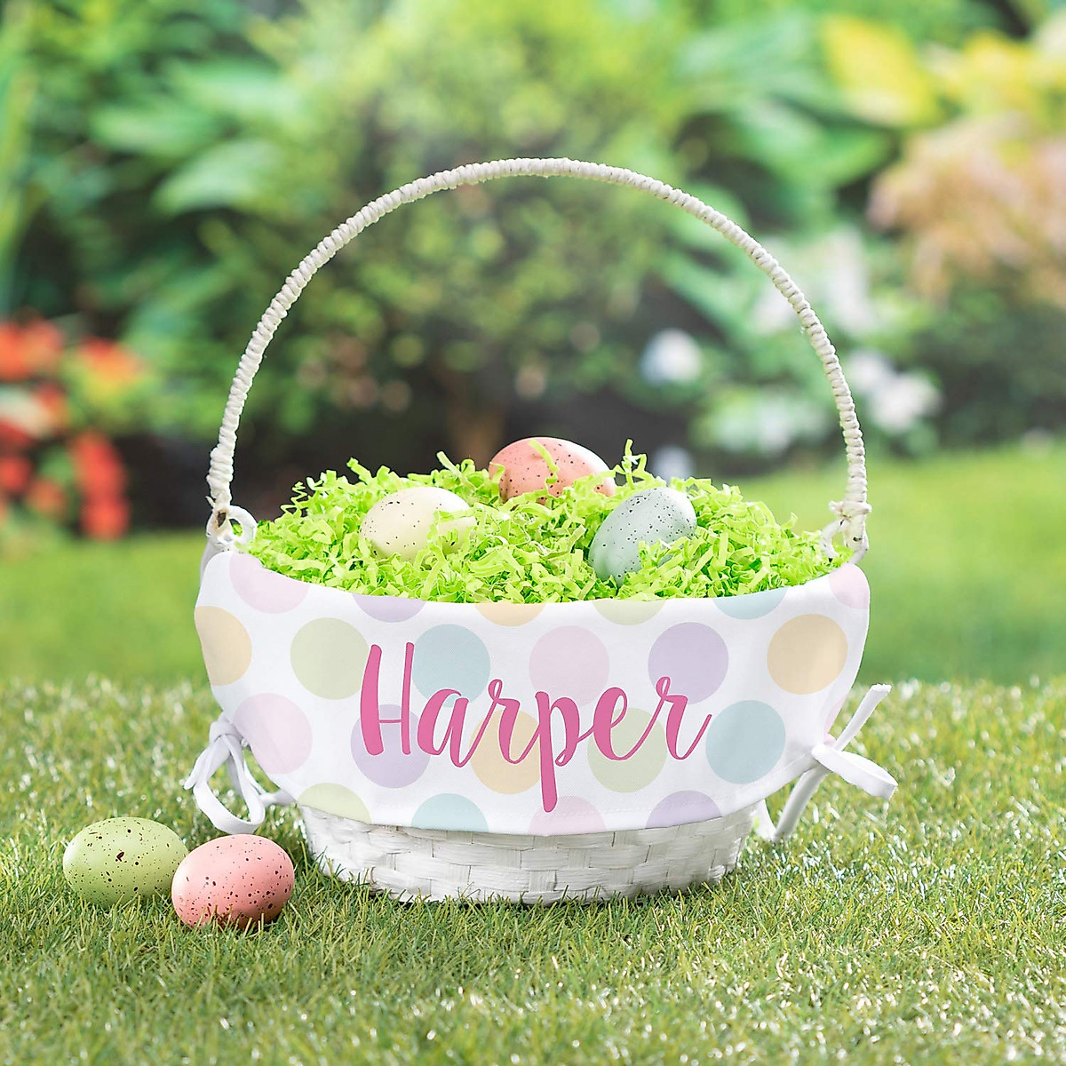 Personalized Easter Egg Basket For Her with Handle and Custom Name | Polka Dot Easter Basket Liners | White Basket | Woven Easter Baskets for Kids | Customized Easter Basket | Gift for Easter