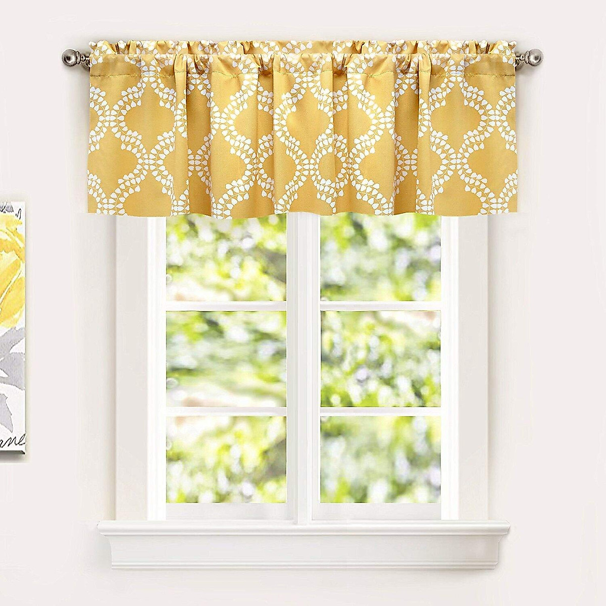 DriftAway Julianna Valance Geometric Leaf Pattern Thermal Blackout Window Curtain Valance Rod Pocket 52 Inch by 18 Inch Plus 2 Inch Header Golden Yellow