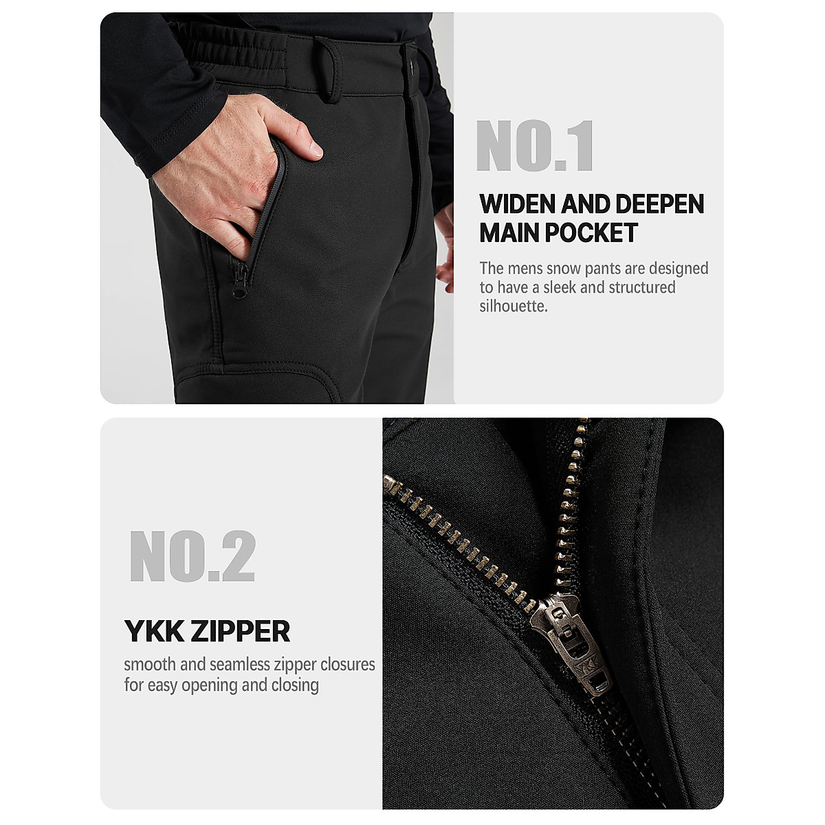 FREE SOLDIER Men's Outdoor Softshell Fleece Lined Cargo Pants Snow Ski Hiking Pants with Belt (Black 32W/34L)