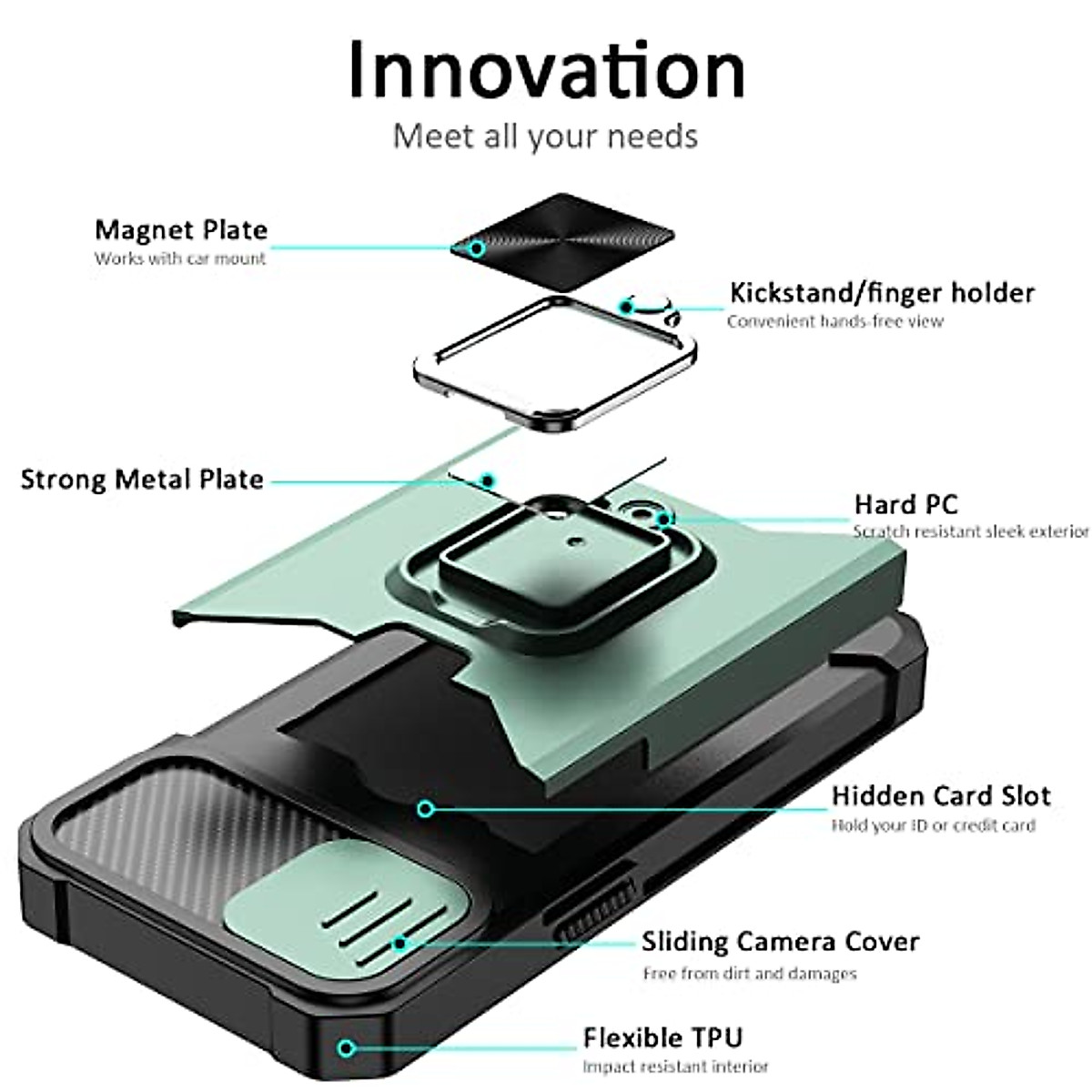 Nvollnoe for iPhone 13 Pro Max Case with Sliding Camera Cover and Card Holder Heavy Duty Protective for iPhone 13 Pro Max Case with Ring Magnetic Kickstand Phone Case for iPhone 13 Pro Max(Green)