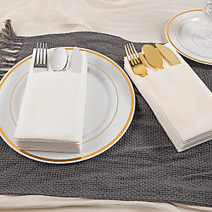 White Dinner Napkins Disposable - 100Pack Linen-Feel Paper Napkins with Built-in Flatware Pocket, Prefolded Cloth Like Paper Napkins Bulk For Dinner, Wedding, Party or Everyday Use
