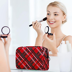 TBOUOBT Cosmetic Travel Bags, Makeup Case, Makeup Bag for Toiletries, Red Black Plaid Retro
