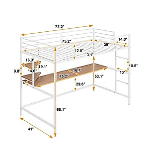 Merax Modern Metal Bunk Bed wit Long Desk and Shelves Loft Bed Frame with Full-Length Gardrail Space-Saving Twin, White