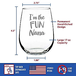 Fun Nana - Cute Funny Stemless Wine Glass, Large Glasses, Etched Sayings, Gift Box