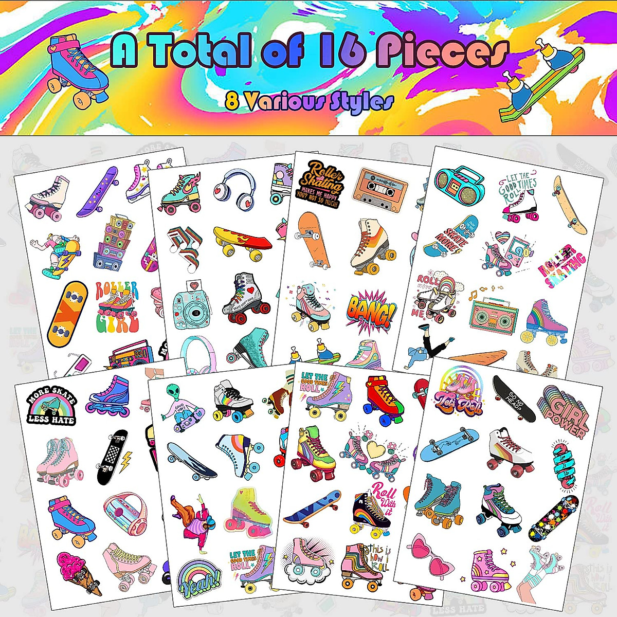 16 Sheet Roller Skate Party Favors Roller Skating Temporary Tattoos Stickers for Kids Girls Boys Throwback to 90s Roller Skate Theme Party Decorations supplies (192 PCS)