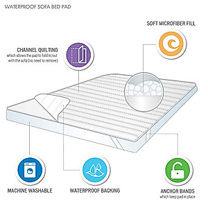Madison Park Essentials Frisco Waterproof Sofa Bed Mattress Pad, Microfiber Channel Quilted Top - Secure Fit Anchor Band, Machine Washable Protection Cover, Full 54x72", White