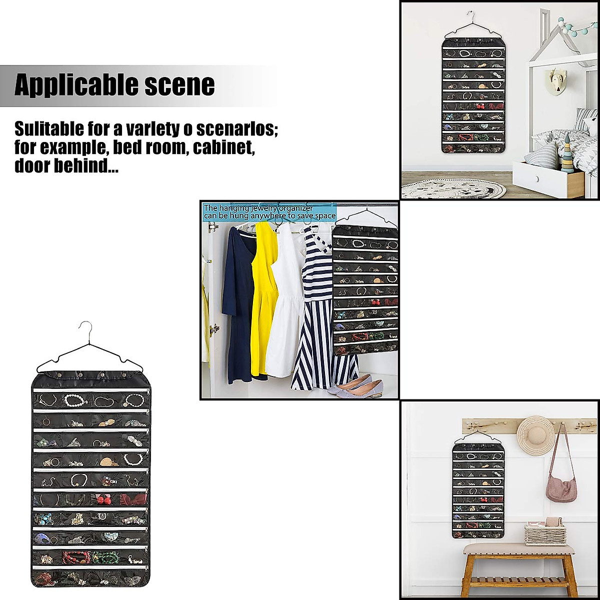 BB Brotrade Hanging Jewelry Organizer with Oxford Double Side 80 Zippered Storage Pocket (black)