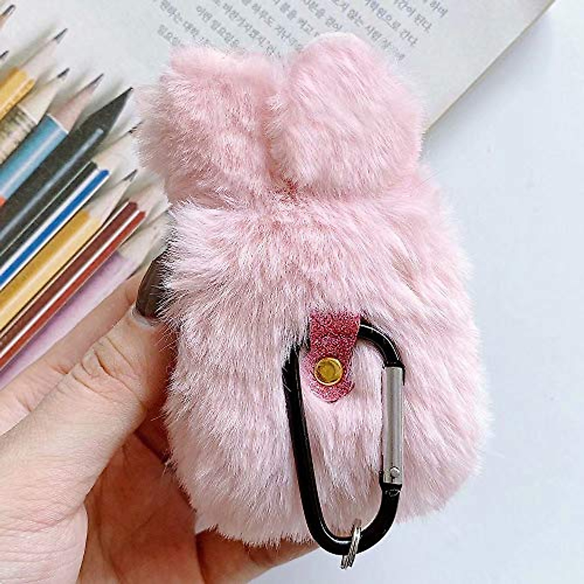Case for Airpods 1 Case Airpods 2 Fluffy Rabbit Case Cover Plush Furry Fashion Cute Bunny Ear Faux Fur PC Protective Case Resistant Cover for Airpods 1st & 2nd Gen with Carabiner,Pink