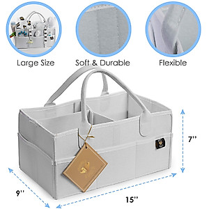 Mami's World: Baby Diaper Caddy Organizer; Portable Bag Holder for car & Changing Table; Essential Storage Bins for Nurseries with Gifts- 2 Pacifier Clips & 2 Bibs